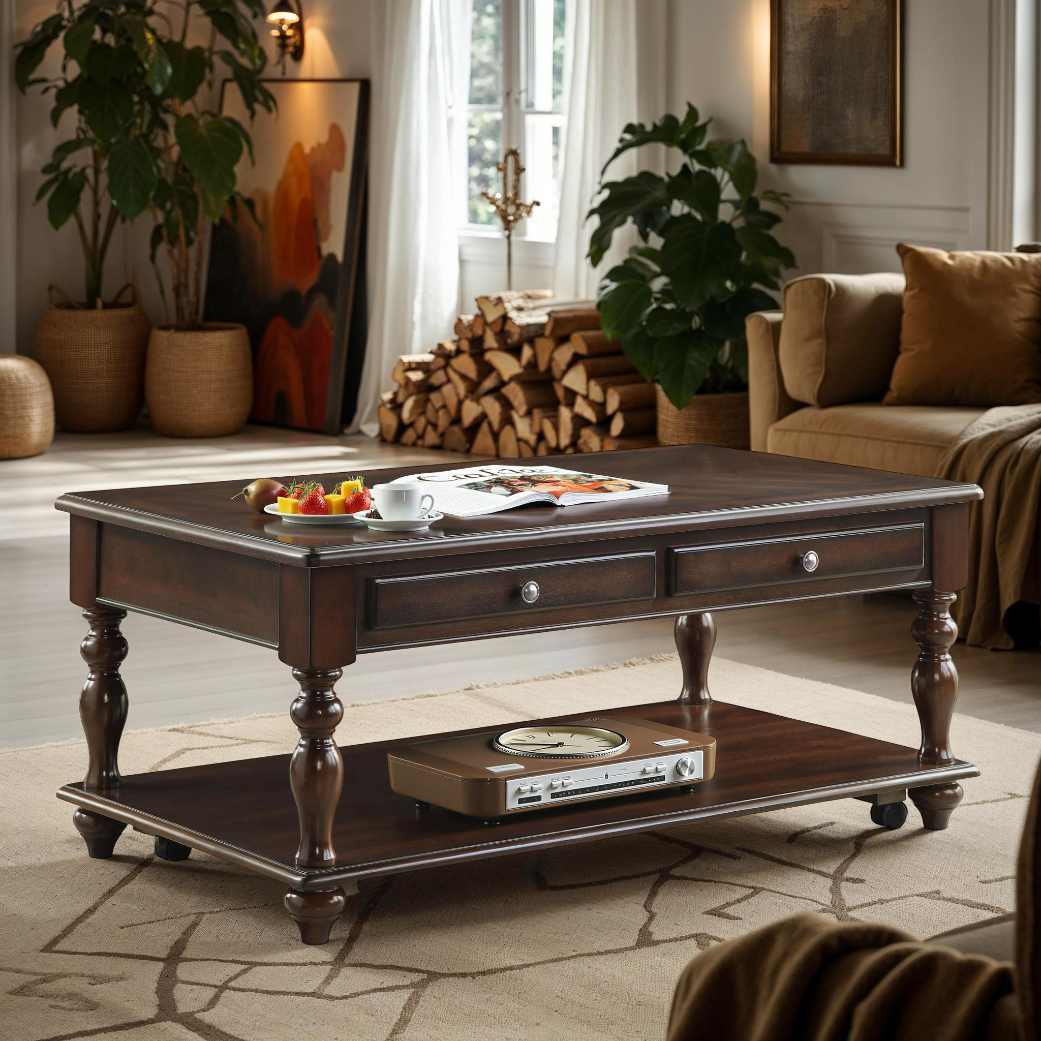 UBIBLA Traditional 48" Lift-Top Coffee Table Espresso Walnut Veneer with Hidden Storage & Lower ...